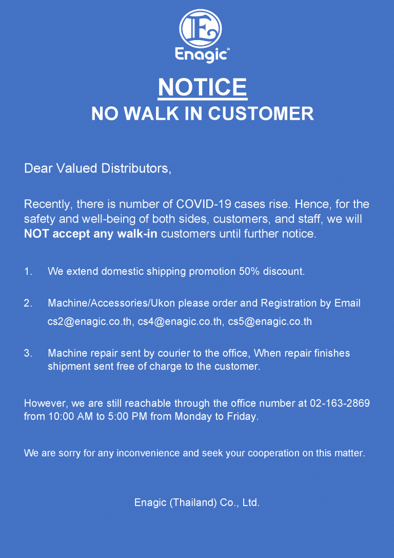 NOTICE – NO WALK IN CUSTOMER – Enagic® Thailand