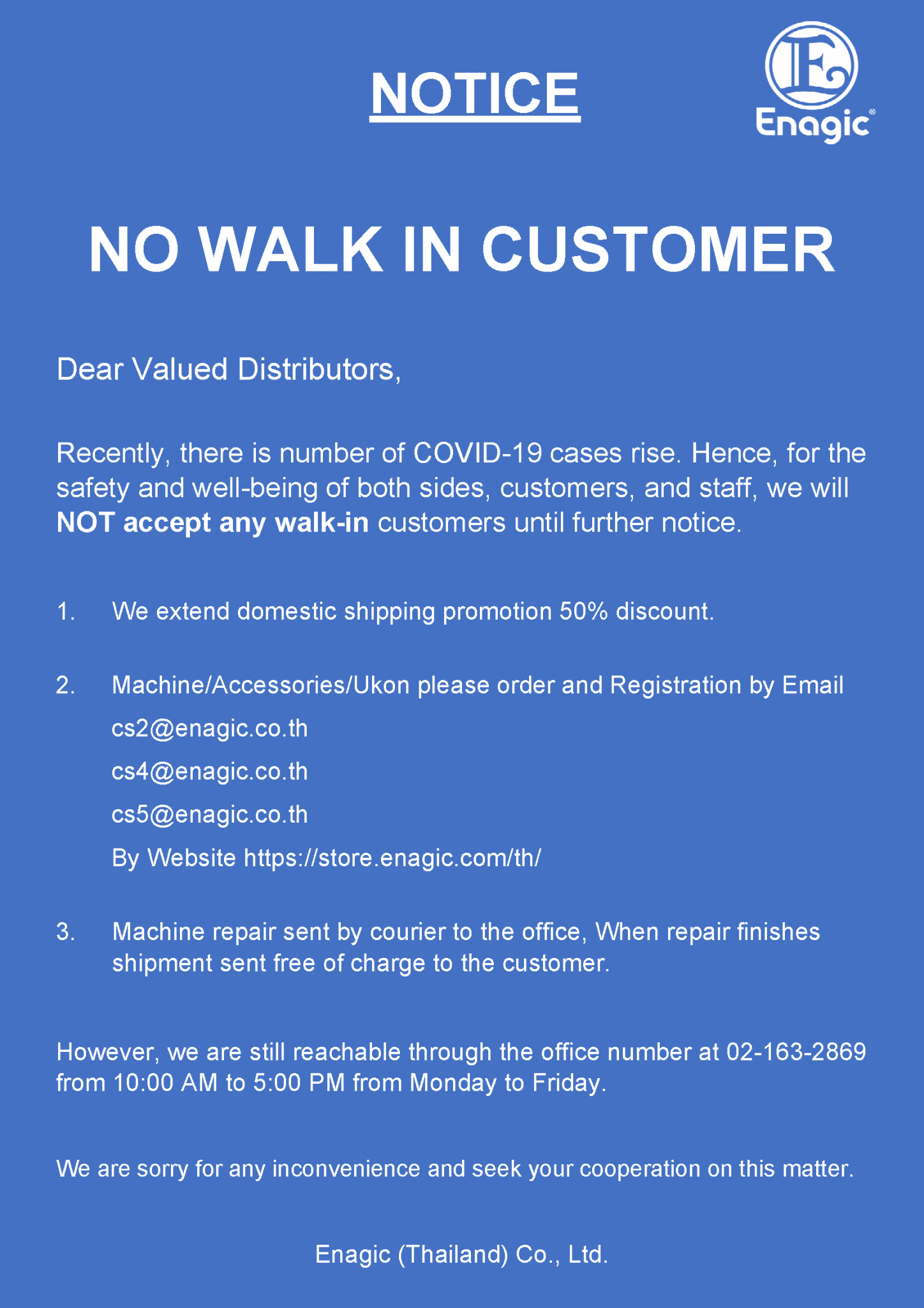 NOTICE : NO WALK IN CUSTOMER – Enagic® Thailand