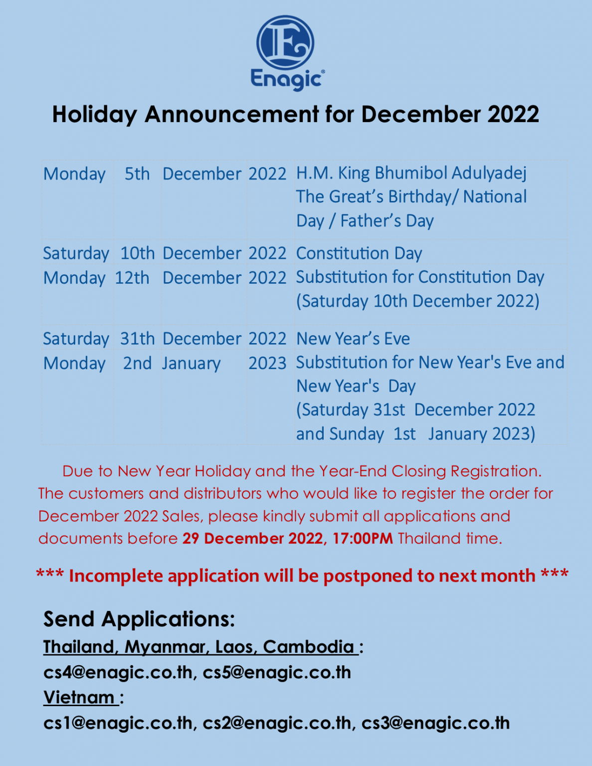 Announcement for Holiday (December 2022) – Enagic® Thailand