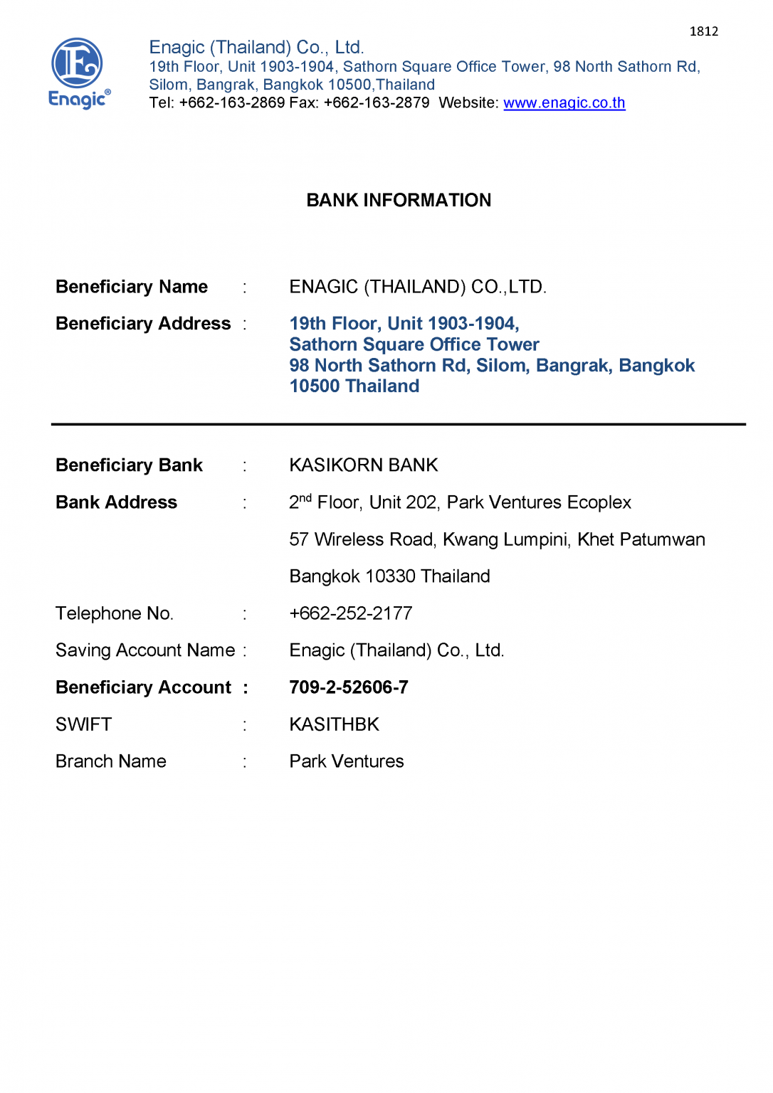 NOTICE FOR UPDATE OF ENAGIC THAILAND BANK ACCOUNT – Enagic® Thailand