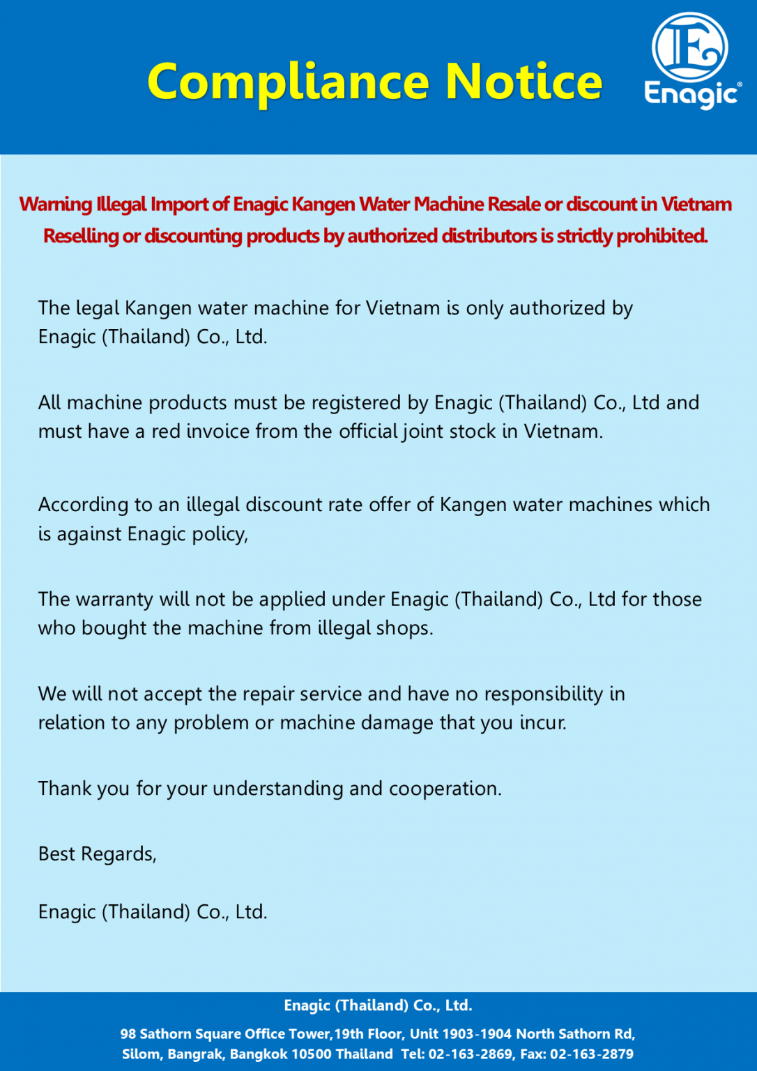 Compliance Notice | Warning Illegal Import in Vietnam – Enagic® Thailand